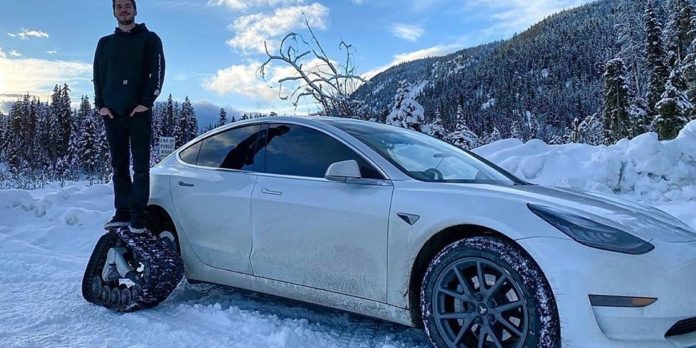Tesla Model 3 with Tank Chains to Drive on Snow Tracks - The Next Avenue